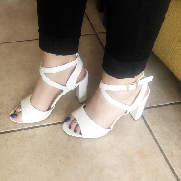 Shoes | White Open Toe Block Heel Sandal With Ankl | Poshmark